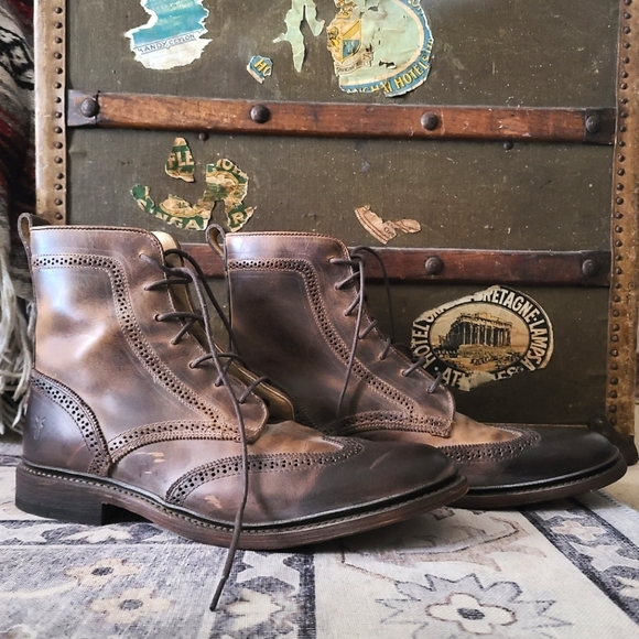 Frye | Shoes | Frye John Addison Brown Leather Wingtip Lace Up Boots ...